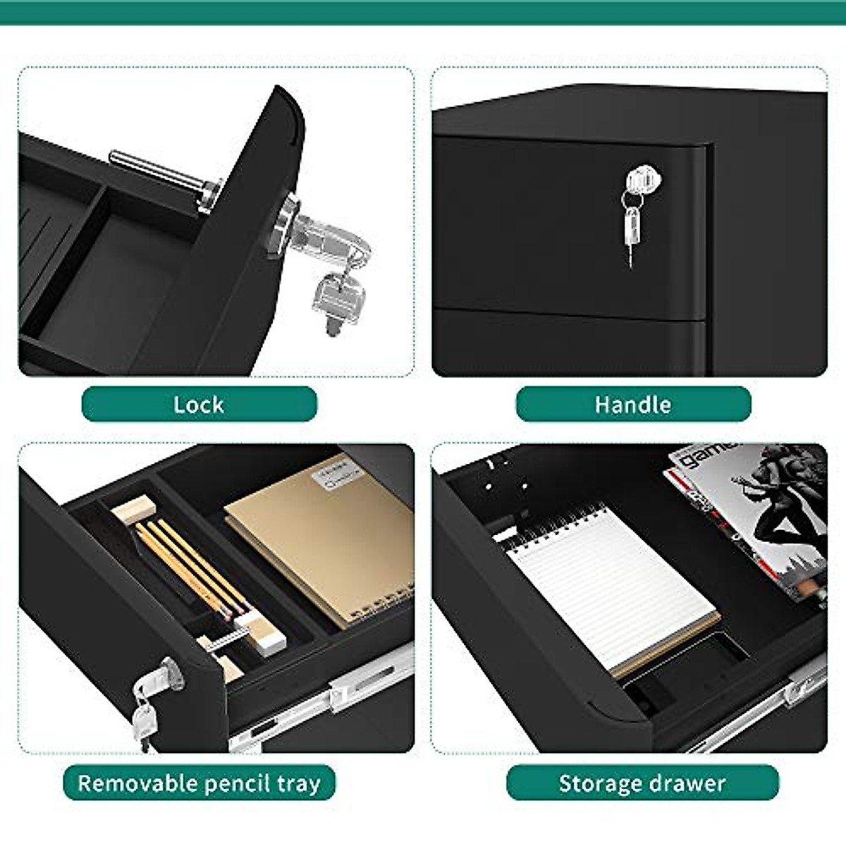 YITAHOME 3-Drawer Metal Filing Cabinet Office, Compact Portable Slim File Cabinet Drawers with Keys, Pre-Built Office Storage Cabinet for A4/Letter/Legal (Black)