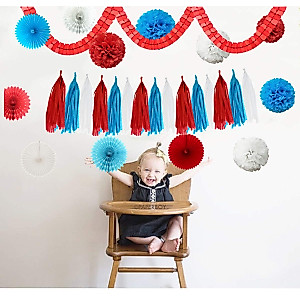 Dr Seuss Cat in The Hat 28PCS Red Blue White Carnival Birthday Bridal Baby Shower Wedding Bachelorette Decoration Kit - 12" 10" Tissue Pom Pom, 16" 12" 8" Paper Fan, Paper Tassel, Clover Garland