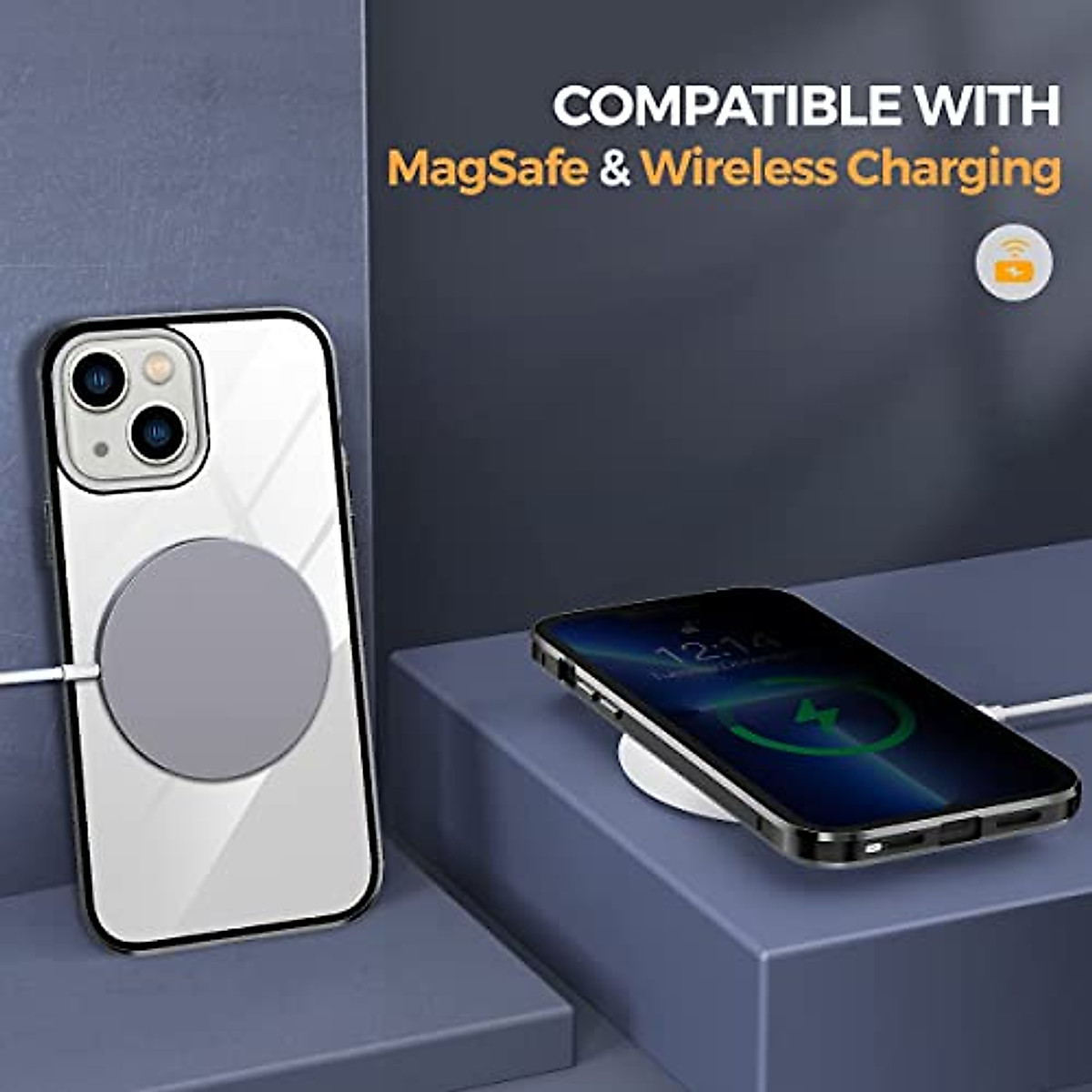 ESTPEAK [CD Loop+Safety Lock] Magnetic Case for iPhone 14 Case,[Privacy Screen with Camera Lens][Electroplating Metal Bumper] Double Sided 9H Glass Compatible with MagSafe Case for iPhone 14 Black