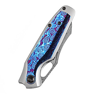 KANSEPT Tuckamore Camping Pocket Knives for Men 8.12in Folding Pocket Knives with 3.54in Damascus Material and Titanium Timascus Timascus Clip Handle for Outdoor, Tactical, Survival K1052A7