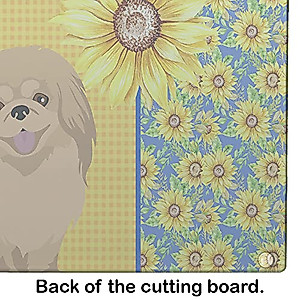 Caroline's Treasures WDK5454LCB Summer Sunflowers Gold Pekingese Glass Cutting Board Large Decorative Tempered Glass Kitchen Cutting and Serving Board Large Size Chopping Board