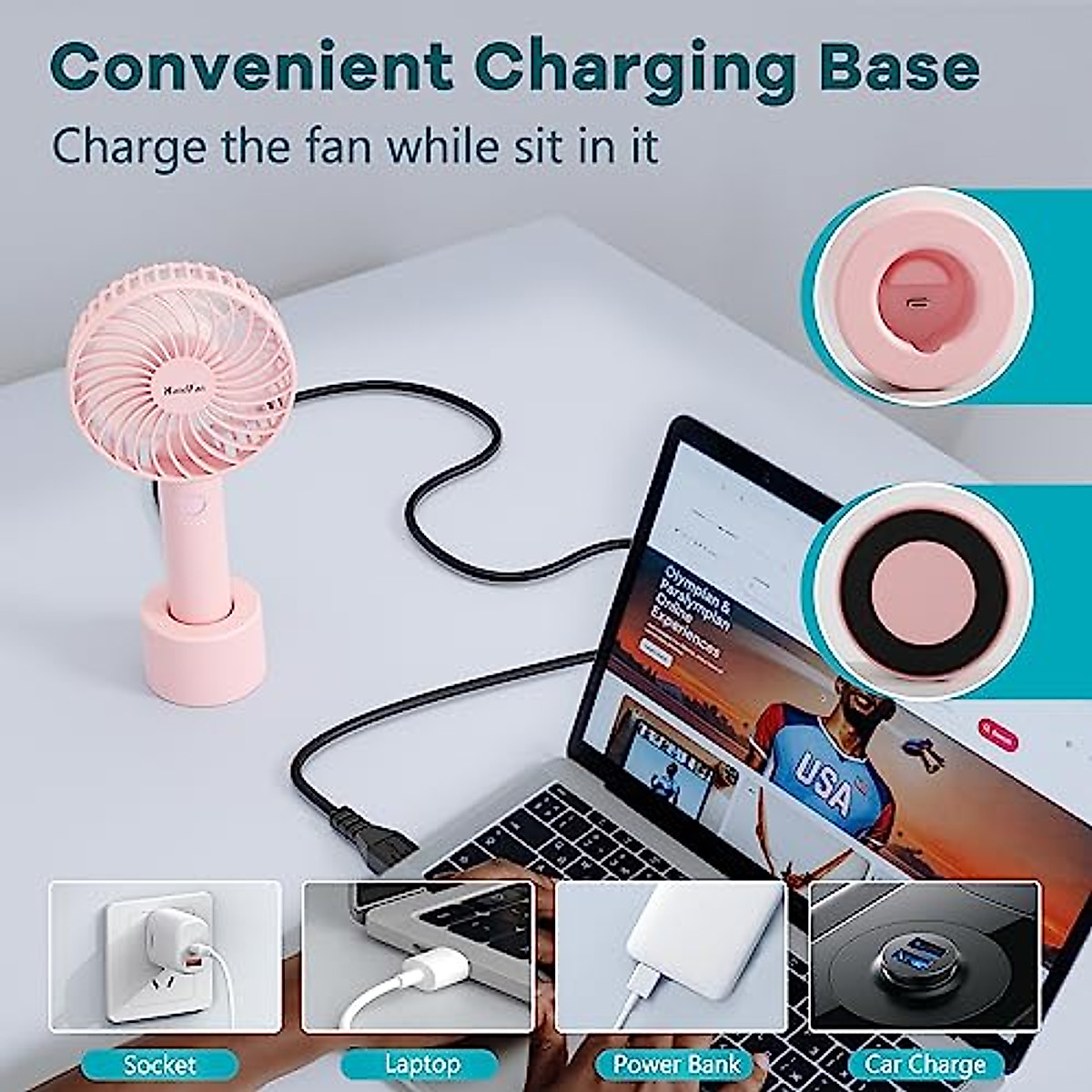 HandFan Handheld Fan Battery Operated, Portable Fan Rechargeable Personal Cooling Mute Fan with 4 Turbo Blades (B-Pink)