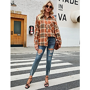 Blooming Jelly Womens Long Sleeve Shirts Flannel Plaid Tops 2023 Button Down Casual Fall Outfits Shacket(Medium, Orange Plaid)