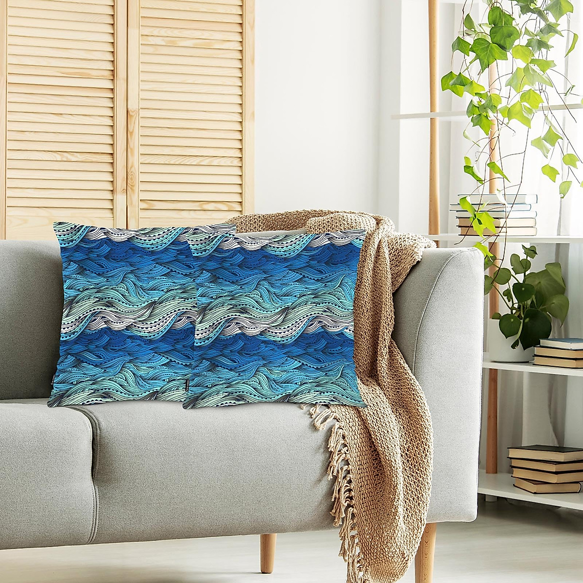 Swono Ocean Wave Pillow Covers, Abstract Swirls Ocean Sea Waves Decorative Pillow Case Home Sofa Cushion Set, Blue Waves Pillow Cushion Cases for Bed/Patio/Garden/Balcony, 2-Pack, 18x18 Inch