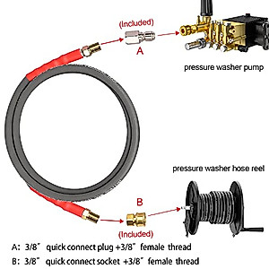 Heliwoo Pressure Washer Whip Hose 5FT, 3/8'' Hose Reel Connector Hose for Power Washer, 248°F Hot Water Jumper Hose with 3/8'' Quick Connect Adapter Set, Steel-Braided-4800 PSI
