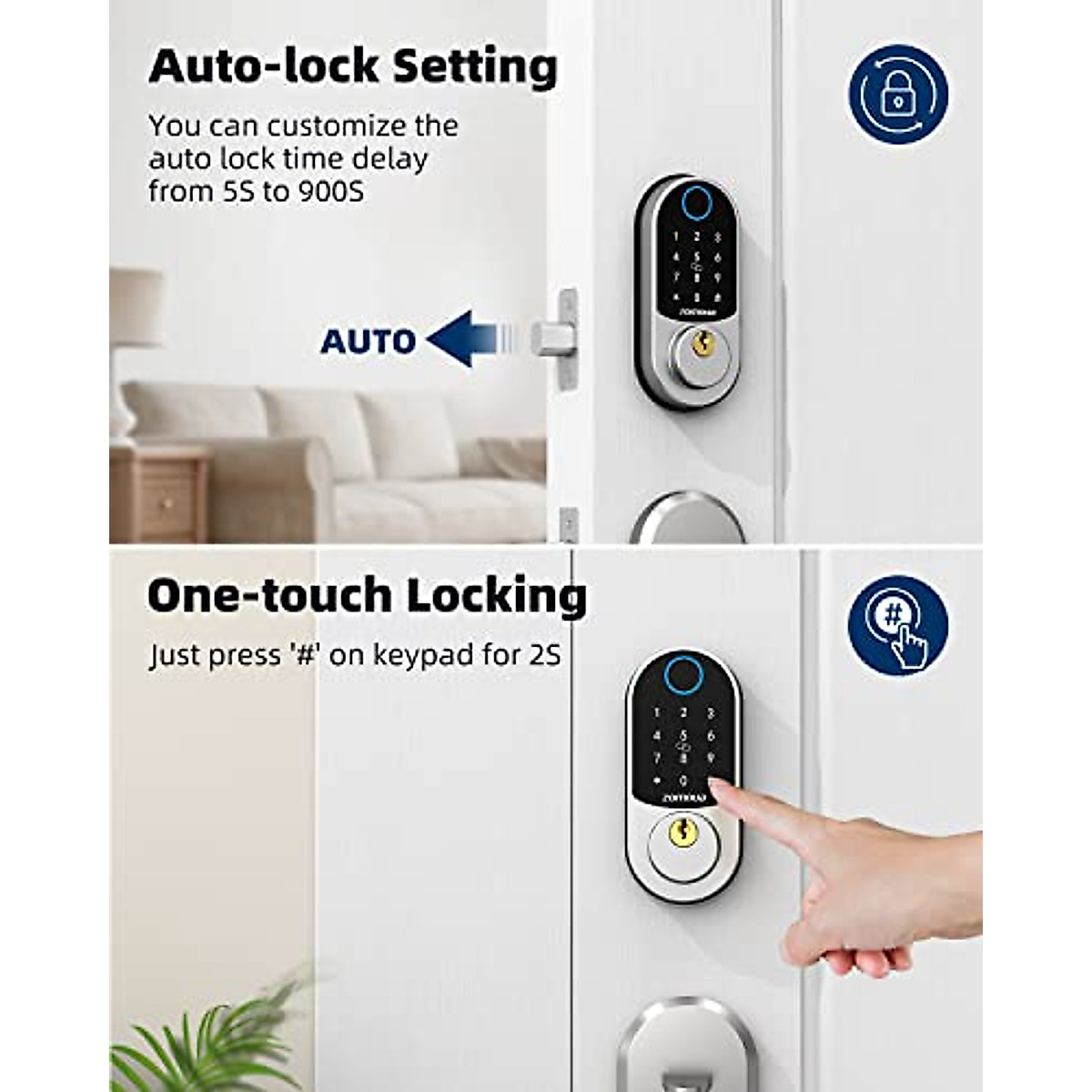 Keyless Entry Door Lock, Zomnua Fingerprint Smart Front Door Locks with Keypads, Smart Digital Biometric Electric Deadbolt Lock with Auto Lock, Fob, Code, Touchscreen,Silver