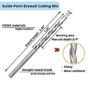 50 Pieces Drywall Cutting Tools 1/8 Inch Guide Point Cutting Bits,HSS65 Drill Bits, Cutting Drywall, Used for with Spiral Saw and Power Tools