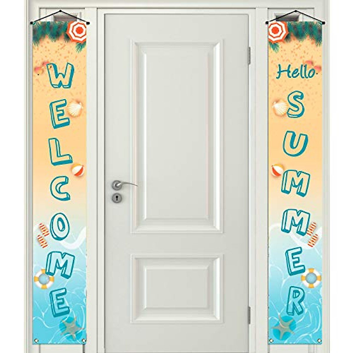 Pudodo Welcome Hello Summer Porch Banner Beach Themed Sea Palm Leaves Starfish Seashell Holiday Party Front Door Wall Sign Decoration