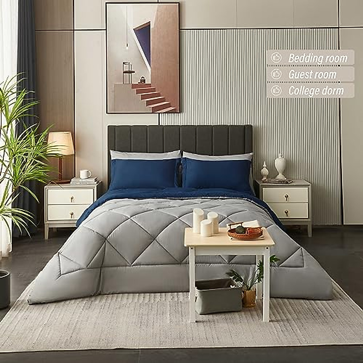 YANYIJING King Size Comforter Set - 8 Pieces Reversible Bed in A Bag King, King Bed Set with Comforters, Sheets, Pillowcases & Shams, Navy Blue King Bedding Set