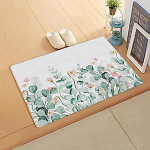 Green Eucalyptus Leaves Antifatigue Kitchen Bath Door Mat Cushioned Runner Rug,Washable Welcome Floor Sink Mat,Waterproof Comfort Standing Doormat,Elegant Vintage Blush Pink Tulip Floral 18"x59"