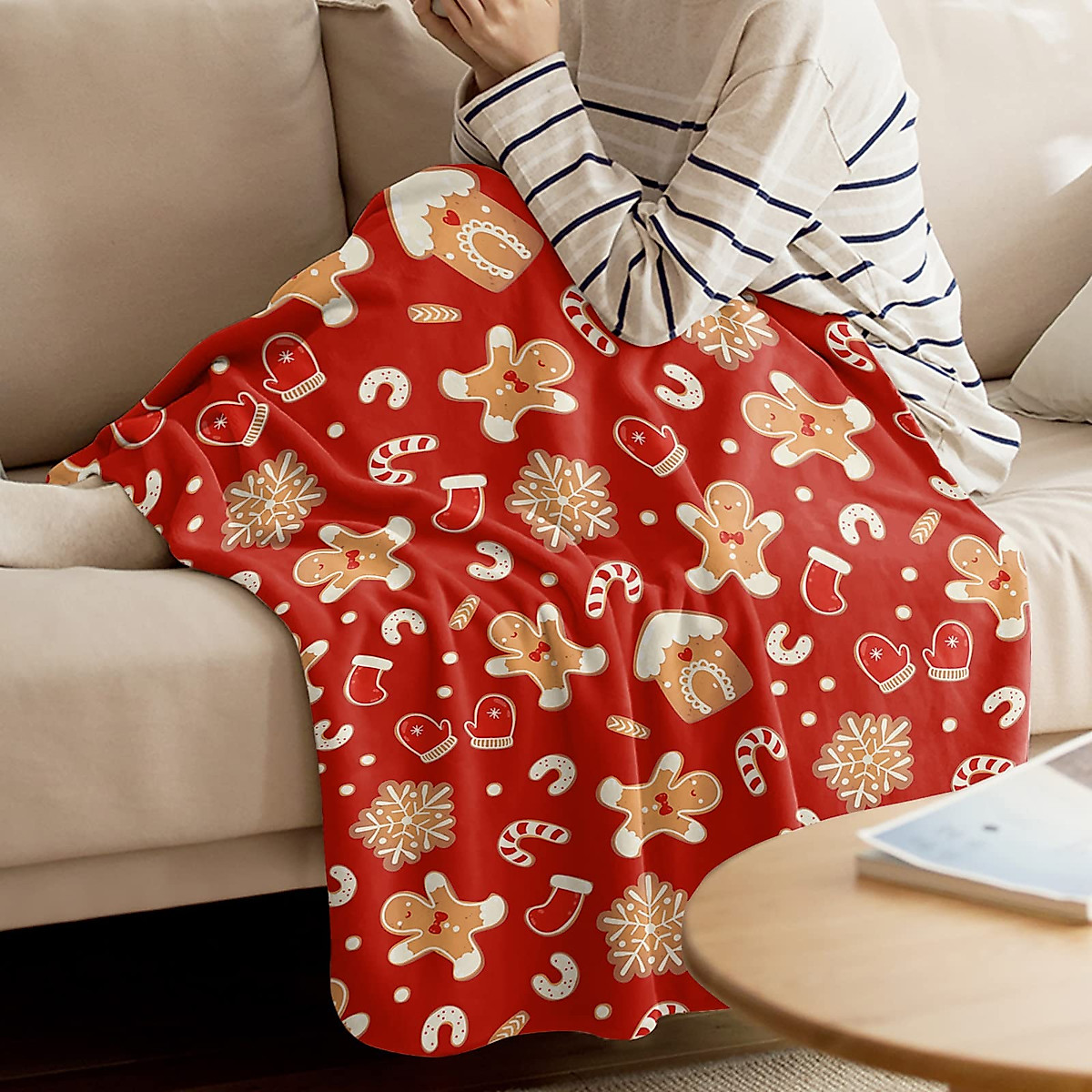 ALAGEO Christmas Throw Blanket Gingerbread Man Snowflake Blanket Winter Holiday Decorations Candy Cane Glove Bed Blanket Lightweight Warm and Cozy Throws for Winter Bedding, Couch and Gift, 40" x 50"