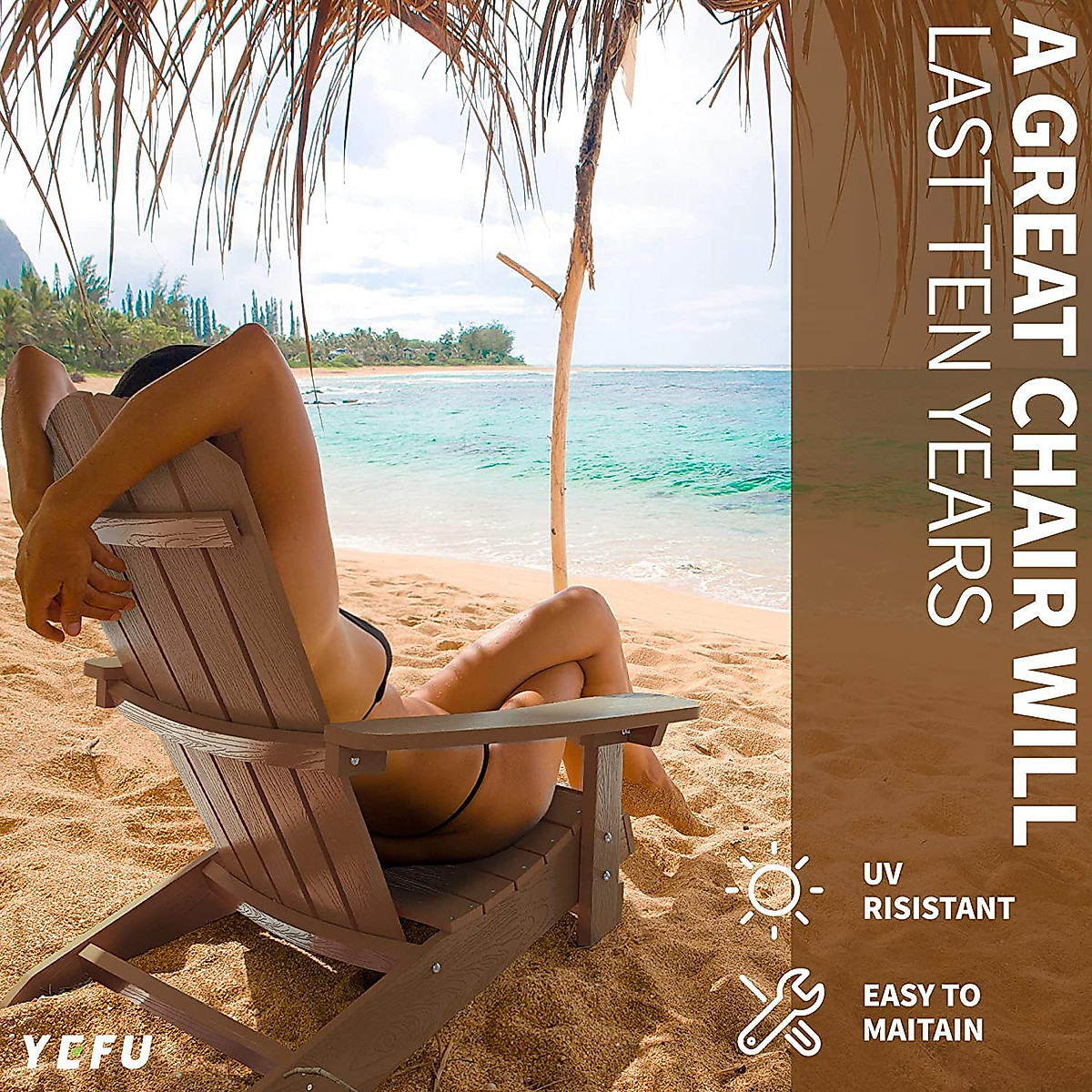 YEFU Plastic Adirondack Chairs Weather Resistant, Patio Chairs 5 Steps Easy Installation, Looks Exactly Like Real Wood, Widely Used in Outdoor, Fire Pit, Deck, Lawn, Outside, Garden Chairs (Teak)