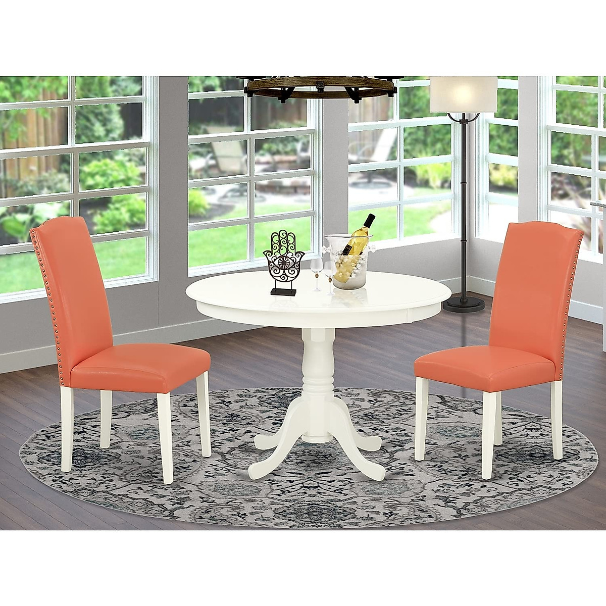 HomeStock Natural Beauty 3Pc Rounded 42 Inch Dining Room Table and 2 Parson Chair with Linen White Leg and Pu Leather Color Pink Flamingo