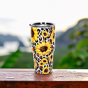 YHSHYZH 30 OZ Tumbler Cups with Lid Sunflower Stainless Steel Travel Coffee Mugs Personalized Leopard Print Insulated Cups Sunflowers Gifts for Women(30OZ, Leopard Sunflower)