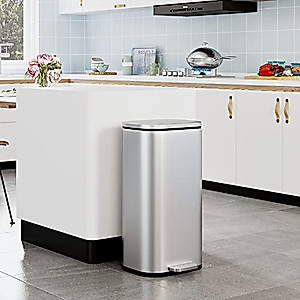 PUPL 8 Gallon(30L) Kitchen Trash Can, Brushed Stainless Steel Garbage Bin with Removable Plastic Inner Bucket & Metal Pedal, Recycle Rubbish Silent and Soft Lid for Office, Home, Outdoor, Silver