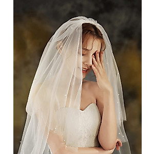 JWICOS 2 Tier Wedding Veil for Brides Short Bridal Tulle Hair Accessories with Comb and Cut Edge Pearl Veil Headband for Bachelorette Wedding Party (White)