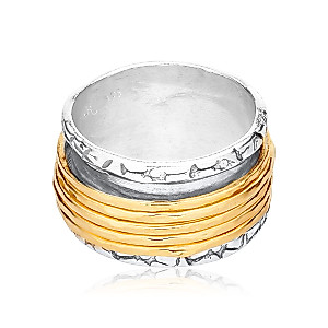 925 Sterling Silver Rotating Spinner Ring with 5 One Micron 14K Gold Plated Sterling Silver Hammered Spinner Rings - Hypoallergenic, Nickel & Lead-free - Artisan Handcrafted Designer Collection