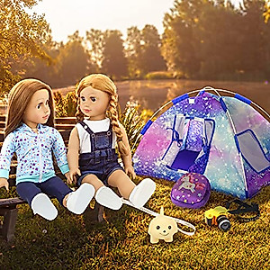 Ecore Fun 5 Items 18 inch Dolls Camping Tent Set and Accessories Including Girl Doll Tent, Sleeping Bag, Backpack, Toy Camera and Dog