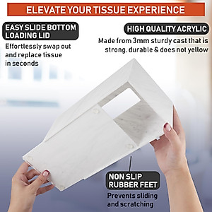 Acrylic Tissue Box Holder, Clear Dispenser for Facial Tissues, Napkins, and Dryer Sheets. Perfect for Bathrooms, Desks, Countertops, Vanities, Bedrooms, and Nightstands (Rectangle, Marble)