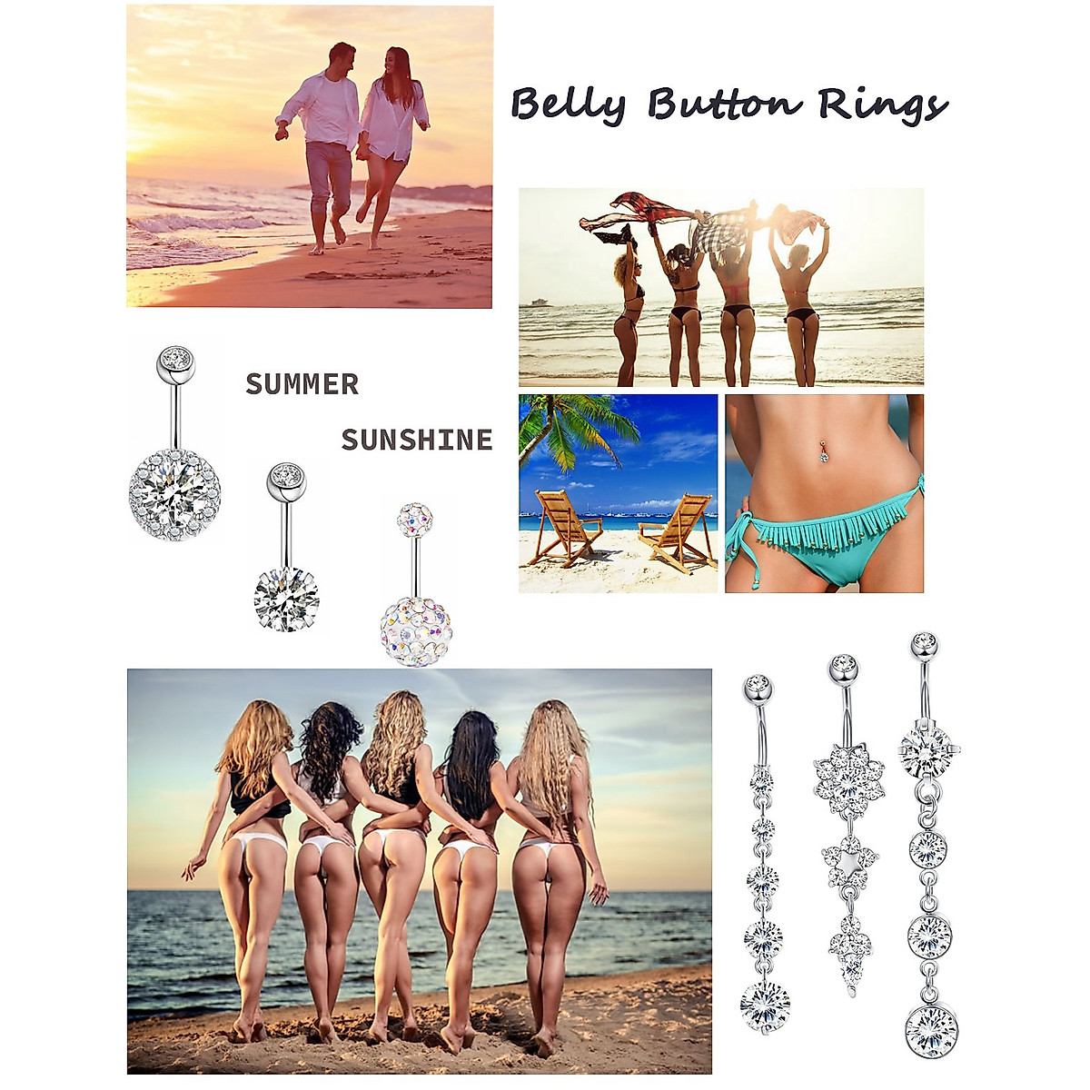 SEVENSTONE 10PCS Stainless Steel Belly Button Rings for Women Navel Piercing Bars Body Jewelry