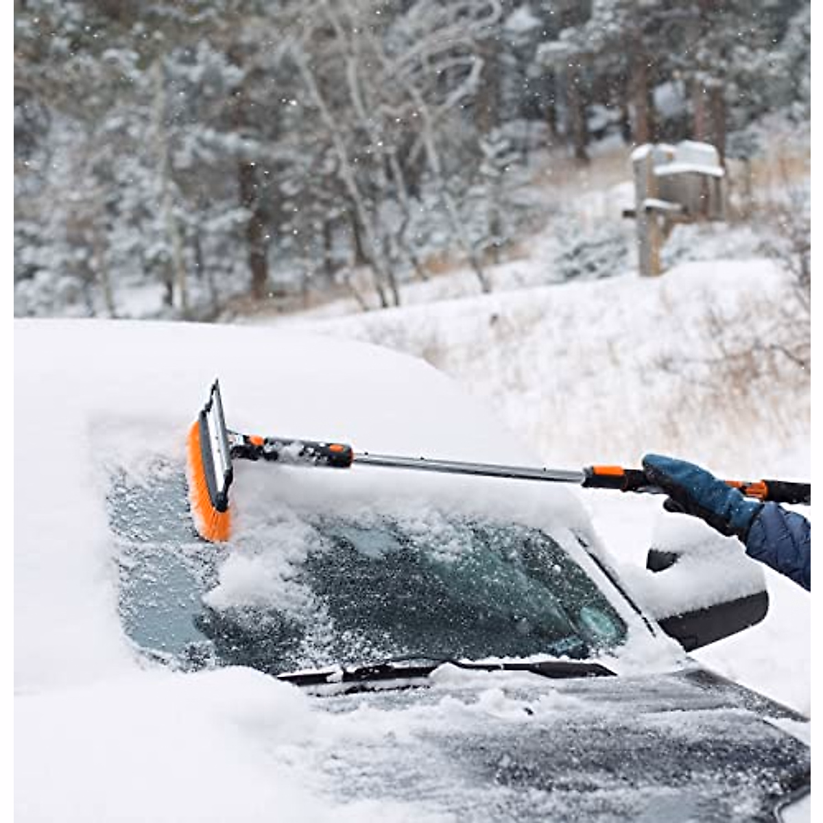 Snow MOOver 58" Extendable Snow Brush with Detachable Ice Scraper for Car | 11" Wide Squeegee & Bristle Head | Size: Truck, Car, SUV, & RV | Lightweight Aluminum Body with Ergonomic Grip