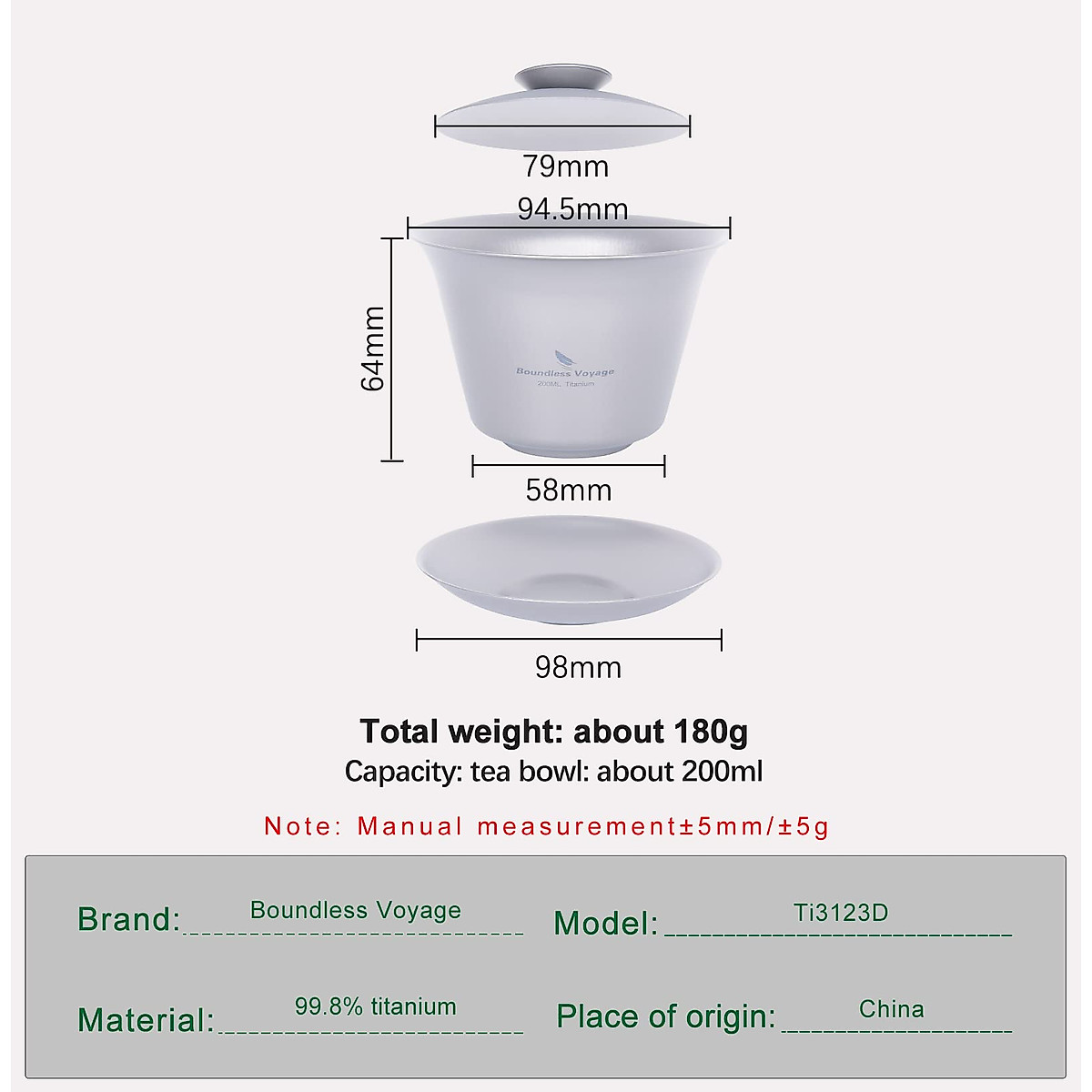 iBasingo 200ML Titanium Gaiwan Kung Fu Teacup with Lid and Saucer Set Lightweight Portable Chinese Traditional Gaiwan Tea Bowl Teacup with Cover Outdoor Camping Tea Set Ti3123D