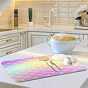 Sea Mermaid Scales Dish Drying Mat 24"x18" Absorbent Machine Washable Hanging Fast Dry Pad Dish Protective Mat for Kitchen Countertop Heat Resistant Dinner Table Mat