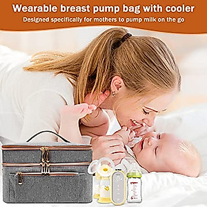 Partreko Wearable Breast Pump Bag with Insulated Pocket, Compatible with Most Breast Pumps for Medela, Elvie, Willow, Momcozy, 2 Layer Pump Bag with a Waterproof Mat & 3 Adjustable Dividers (Gray）