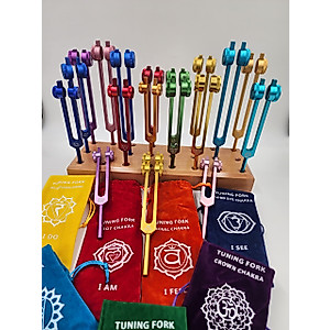 YANTRA 17 Set Solfeggio and Chakra Weighted Tuning Fork Set for Biofield Therapy Sound Healing with 24 Hole WOODEN STAND (SOL-02)