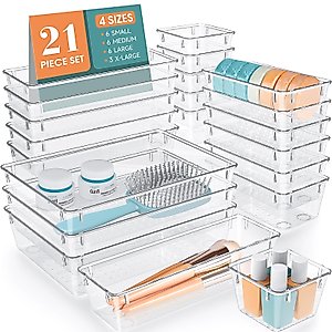 WOWBOX 21 PCS Clear Plastic Drawer Organizer Set, 4 Sizes Desk Drawer Divider Organizers and Storage Bins for Makeup, Jewelry, Gadgets for Kitchen, Bedroom, Bathroom, Office