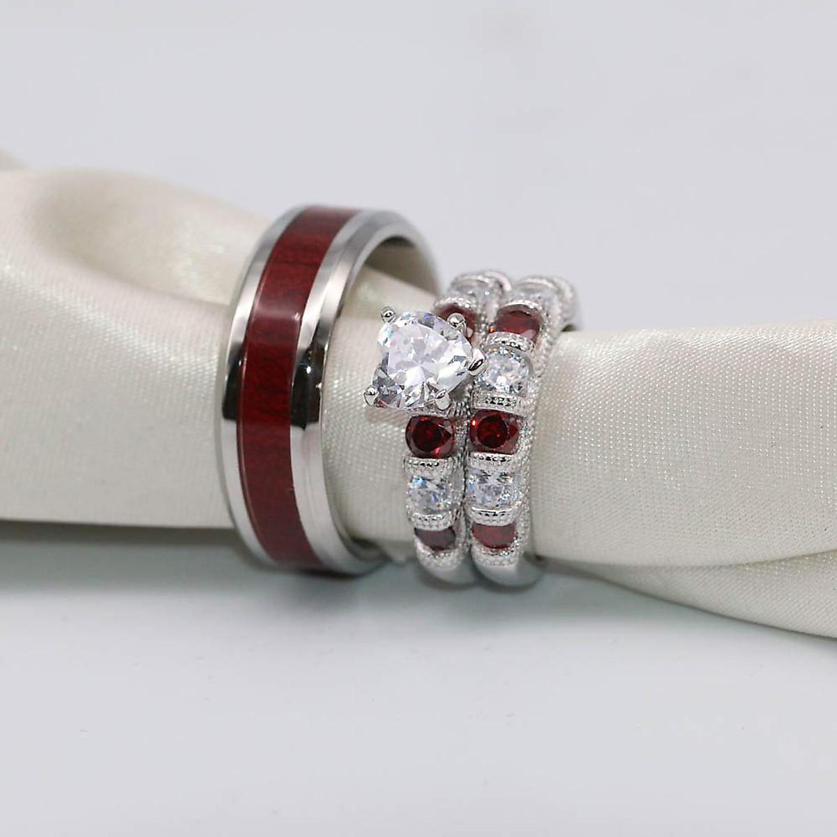 TWO RINGS Wedding Ring Sets His And Hers Promise Ring Couples Bridal Sets Women 925 Sterling Silver Heart Cz Man Tungsten Carbide Wedding Bands