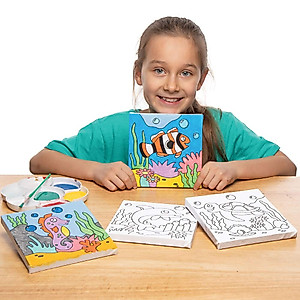 Baker Ross AT940 Sealife Color in Pictures for Kids - Pack of 4, Kids Canvases for Painting, Coloring and Craft Project Displays