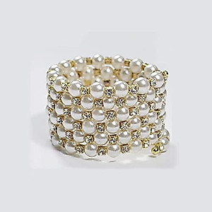 Asphire Vintage Great Gatsby Pearl Bracelet Multi-Layered Chunky Pearl Crystal Elastic Bangle Bridal Wedding Jewelry 1920s Flapper Prom Party Costume Accessories for Women, Gold