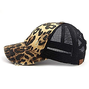 C.C Exclusives Washed Distressed Cotton Denim Criss-Cross Ponytail Hat Baseball Cap Bundle Hair Tie (BT-780)(BT-791) (A Elastic Band-Leopard)