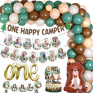 One Happy Camper Birthday Decorations for Kids Green Balloon Garland One Happy Camper Photo Banner Cake Topper 1st Forest Camping Birthday Backdrop Adventure Let’s Go Camping Party 1st Supplies