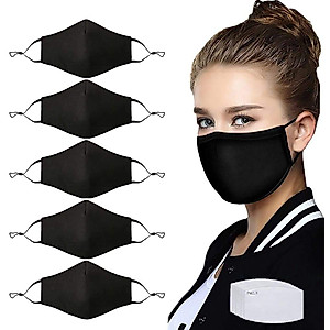 NBDIB 5 Pcs Adult Unisex Reusable Washable Adjustable Face Protection with Filter Pocket and Nose Wire Black Breathable Cotton Dust Cloth Mask with 10Pcs Replacement Carbon Filters for Man and Women
