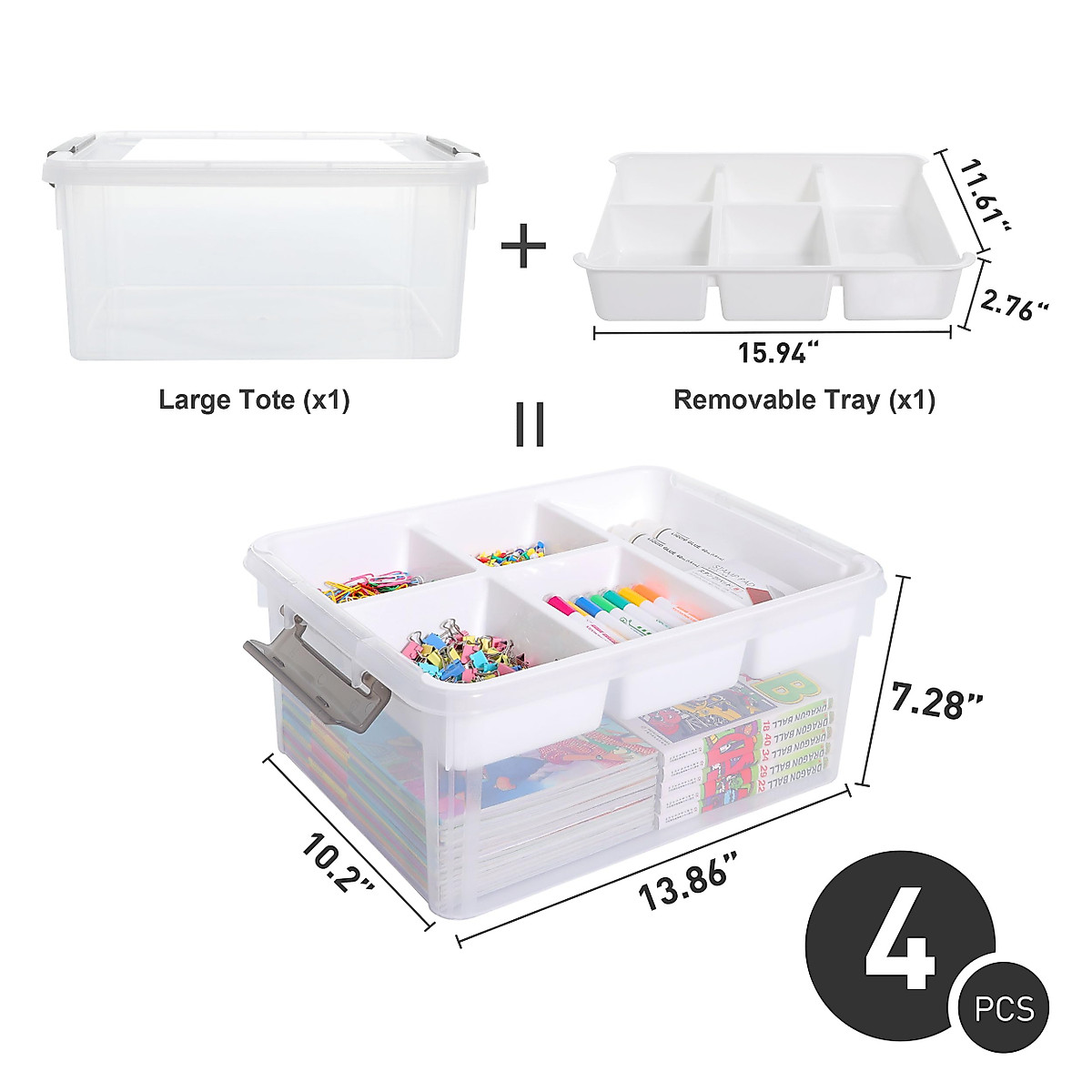 Citylife 17 QT Storage Box with Removable Tray Closet Organizers and Storage Clear Storage Container for Organizing, Craft, Tools, Files, Office Supplies, 4 Packs