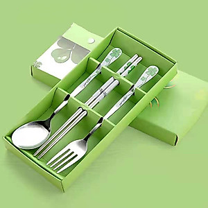 Portable Cutlery Set Reusable Travel Utensils, Stainless Steel Flatware Set, Camping Silverware with Case,3 Pcs green four-leaf clover Stainless Steel Metal Chopsticks Spoon and Fork gift box set