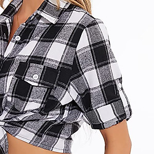 Women's 3/4 Sleeve Front Tie Shirt Plaid Shirts Denim Shirt Crop Cardigan Jean Crop Top Button Down Knot Shirt Black Plaid X-Small