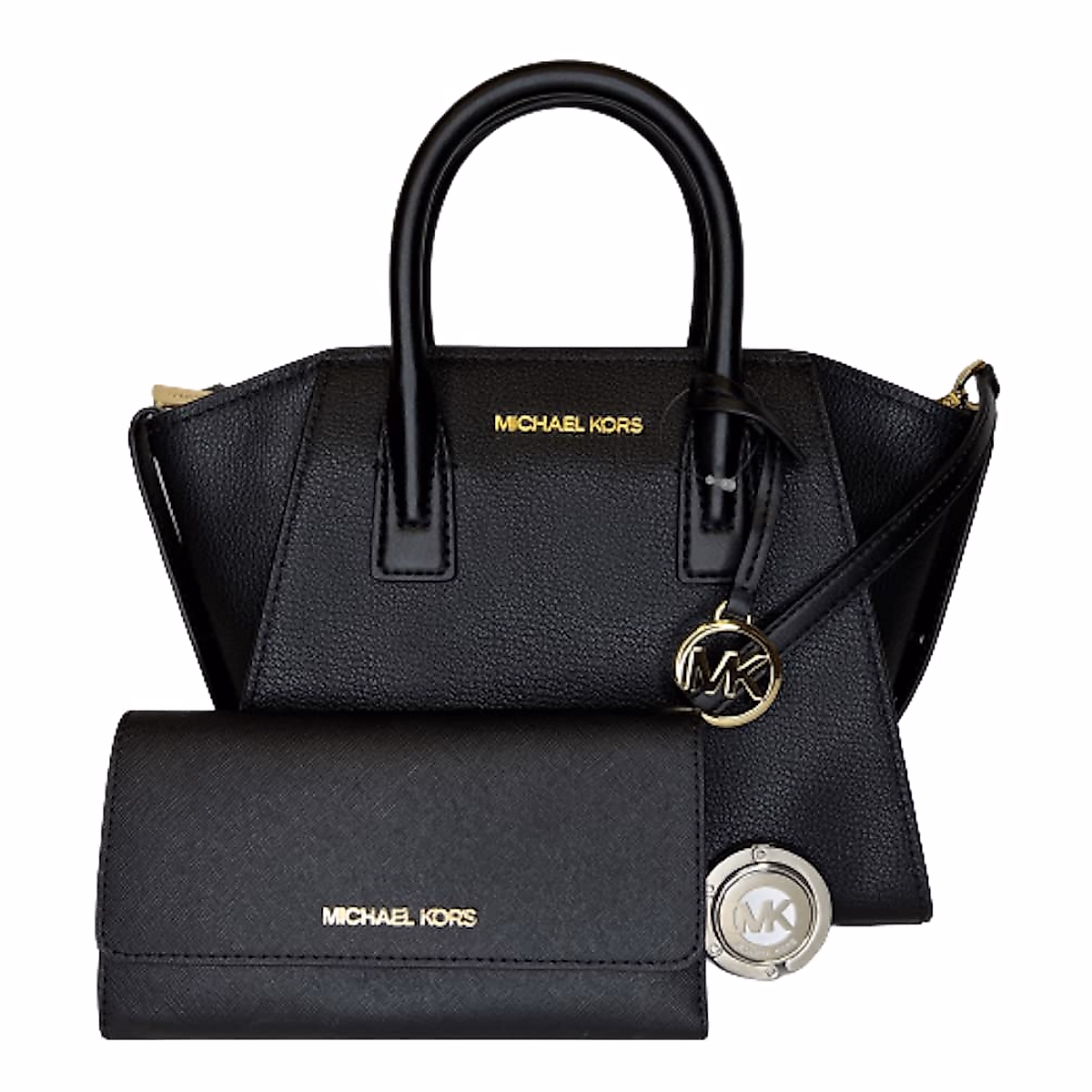 Michael Kors MICHAEL Michael Kors Avril Small Logo Top-Zip Satchel bundled with Trifold Wallet Purse Hook (Black)