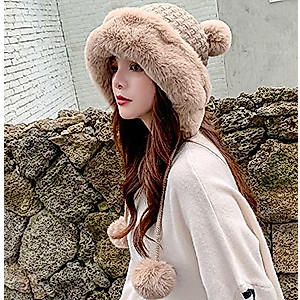 Fluffy Knit Beanie Hats for Women Winter Faux Fur Warm Knit Crochet Skull Cap with Pompom Outdoor Ear Cover Black