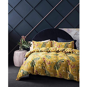 Eikei Chinoiserie Chic Peacock Floral Duvet Cover Paradise Garden Botanical Bird and Tree Branches Vintage Stylized Long Staple Cotton Bedding Set (Queen, Citrine)