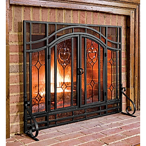 Plow & Hearth Metal Fireplace Screen Glass Floral Black | 44" W x 33" H | 2 - Door | Spark Guard Indoor Grate | Iron Fire Place Cover | Wood Burning Stove Decorative Accessories