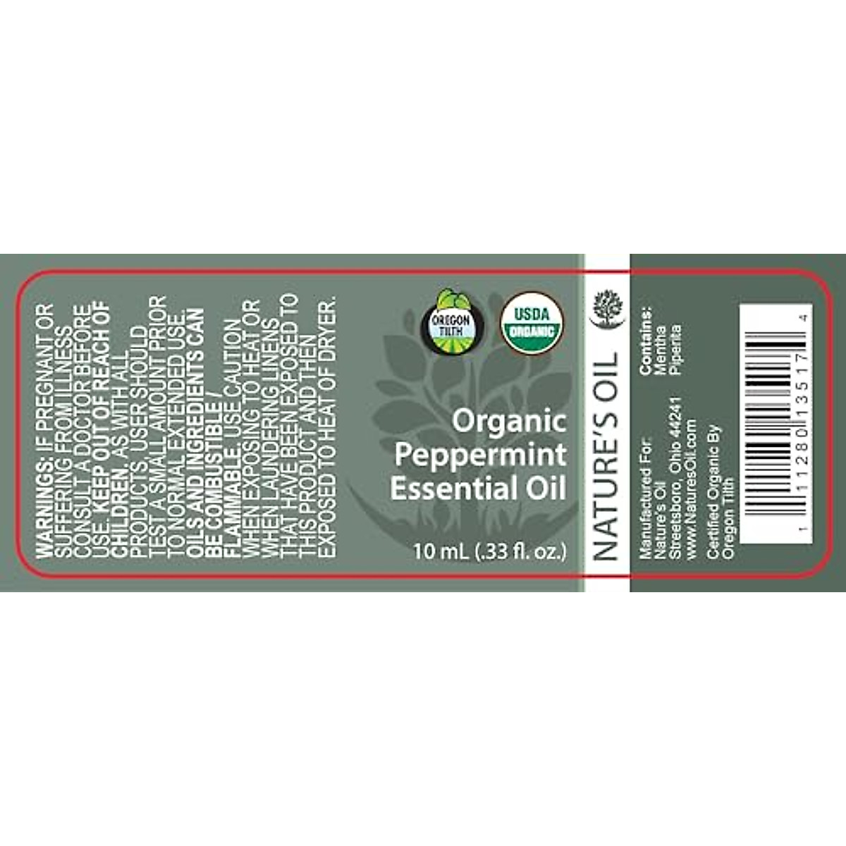 Nature's Oil Peppermint Essential Oil, 10ml, Pure, USDA Certified Organic, GC/MS Tested