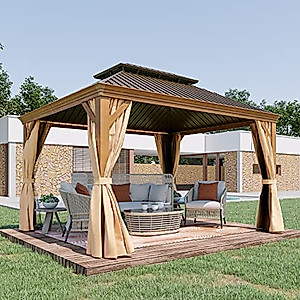 GAZEBEST 10' X 12' Permanent Hardtop Gazebo, Outdoor Galvanized Steel Double Roof Pavilion Canopy with Wood-Grain Coated Aluminum Frame and Privacy Curtains for Garden Patio,Backyard,Deck and Lawns