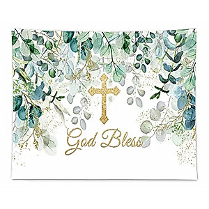 Funnytree 118" x 95" God Bless Backdrop Baptism Party First Holy Communion Christening Banner Decor Forest Leaves Baby Shower Photography Background Favors Gifts Supplies Photo Booth Props