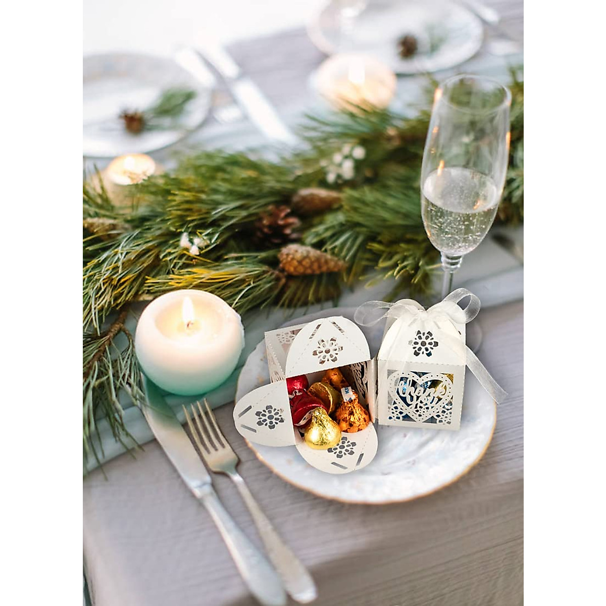 Elephant-package 25 Pcs Laser Cut Boxes (White), Bridal Shower Favor Boxes with Ribbon, Thank You Lace Candy Boxes, Party Favor, Wedding, Anniversary