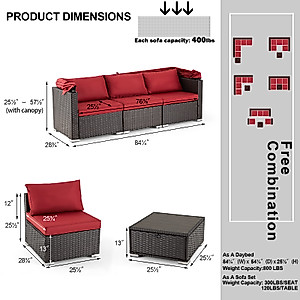 HOMREST 6 Pieces Patio Furniture Sets, Rattan Daybed with Retractable Canopy, Outdoor Sectional Sofa Set with Adjustable Backrest, Chaise Chair Sunbed for Garden Poolside Backyard (Wine Red)