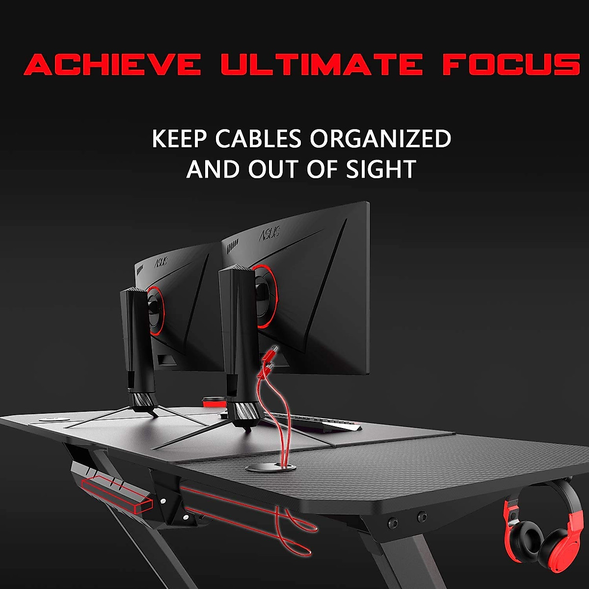 VITESSE 55 Inch Ergonomic Gaming Desk, Z-Shaped Office PC Computer Desk with Large Mouse Pad, Gamer Tables Pro with USB Gaming Handle Rack, Stand Cup Holder&Headphone Hook (Black, 55 inch)