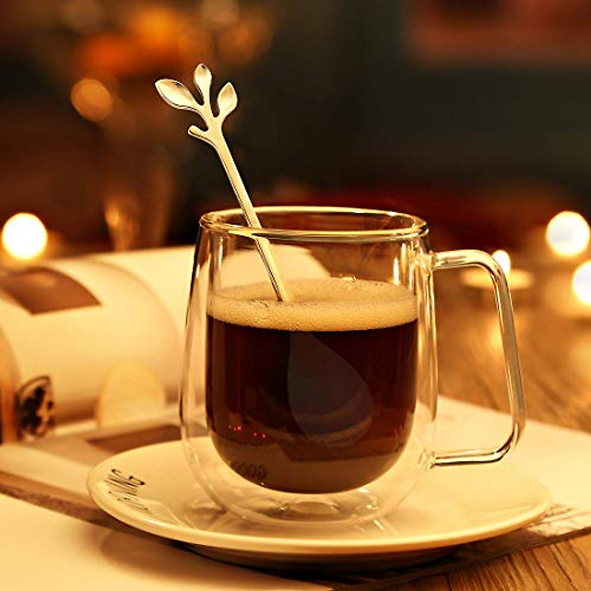 Stainless Steel Gold Leaf Coffee Spoon-AnSaw 10 Pcs Creative Tableware Dessert Spoons, Stirring, Mixing, Sugar, Stir, Ice Cream, Cake, Teaspoon Set (Gold-10Spoon)